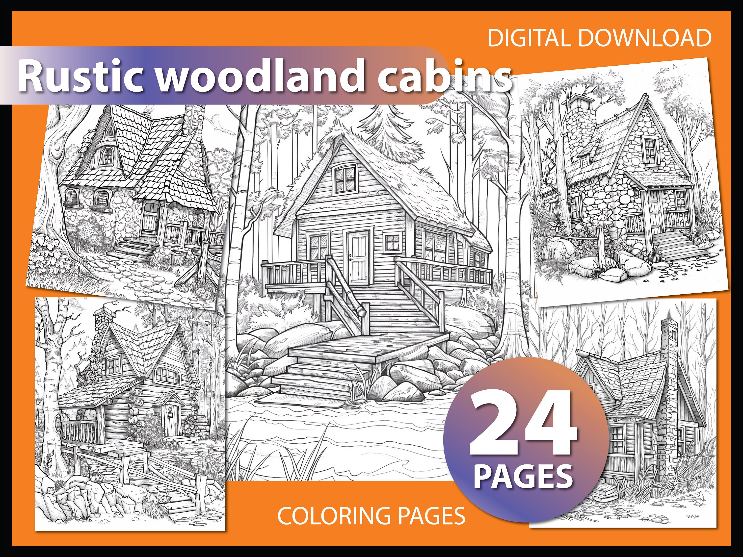 Discover Rustic Woodland Cabins and Cottages Coloring Page for Adults ...