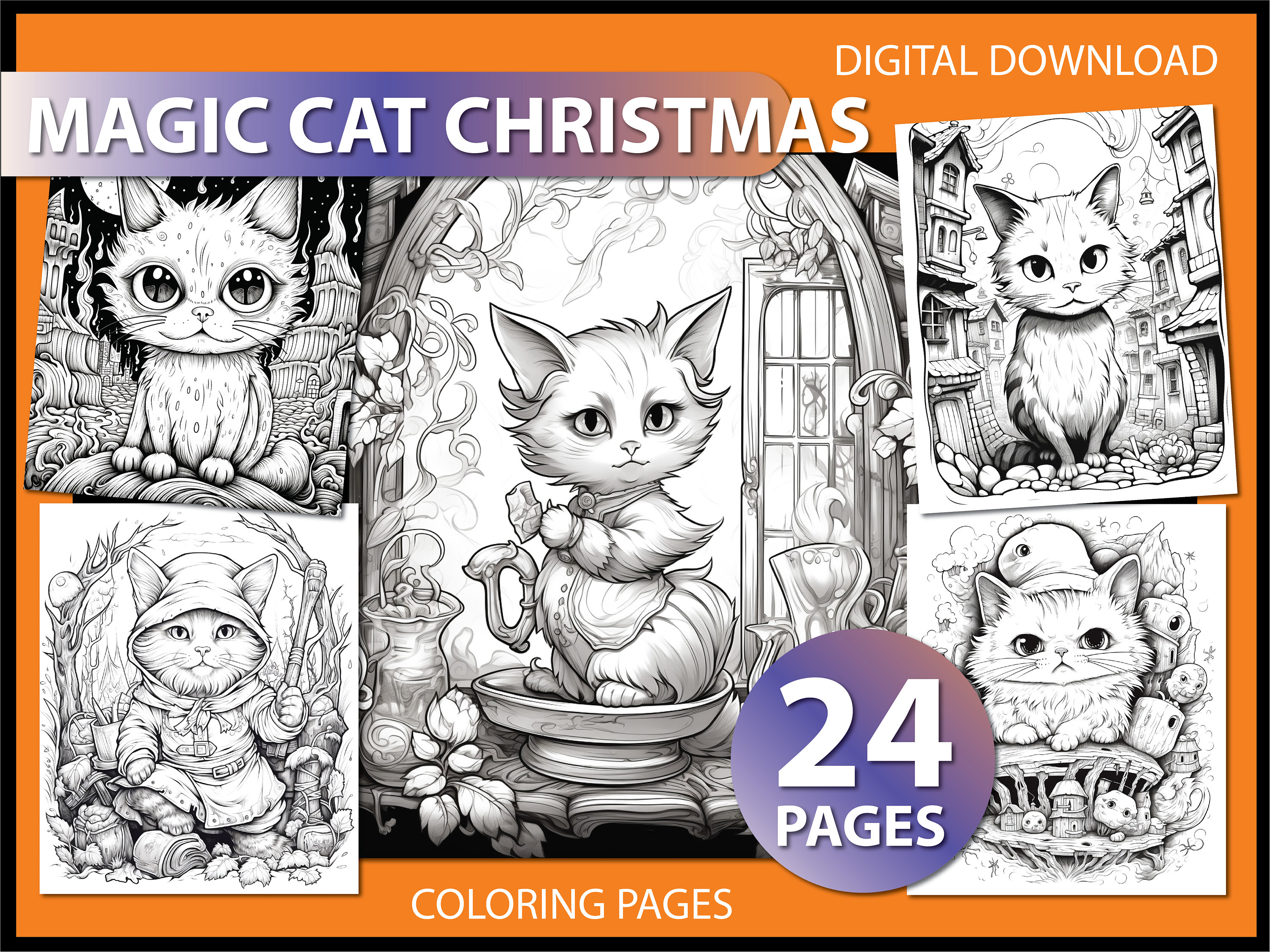 Magic Cat Christmas: Adult Coloring Page Magic Cat Coloring Pages Xmas ...