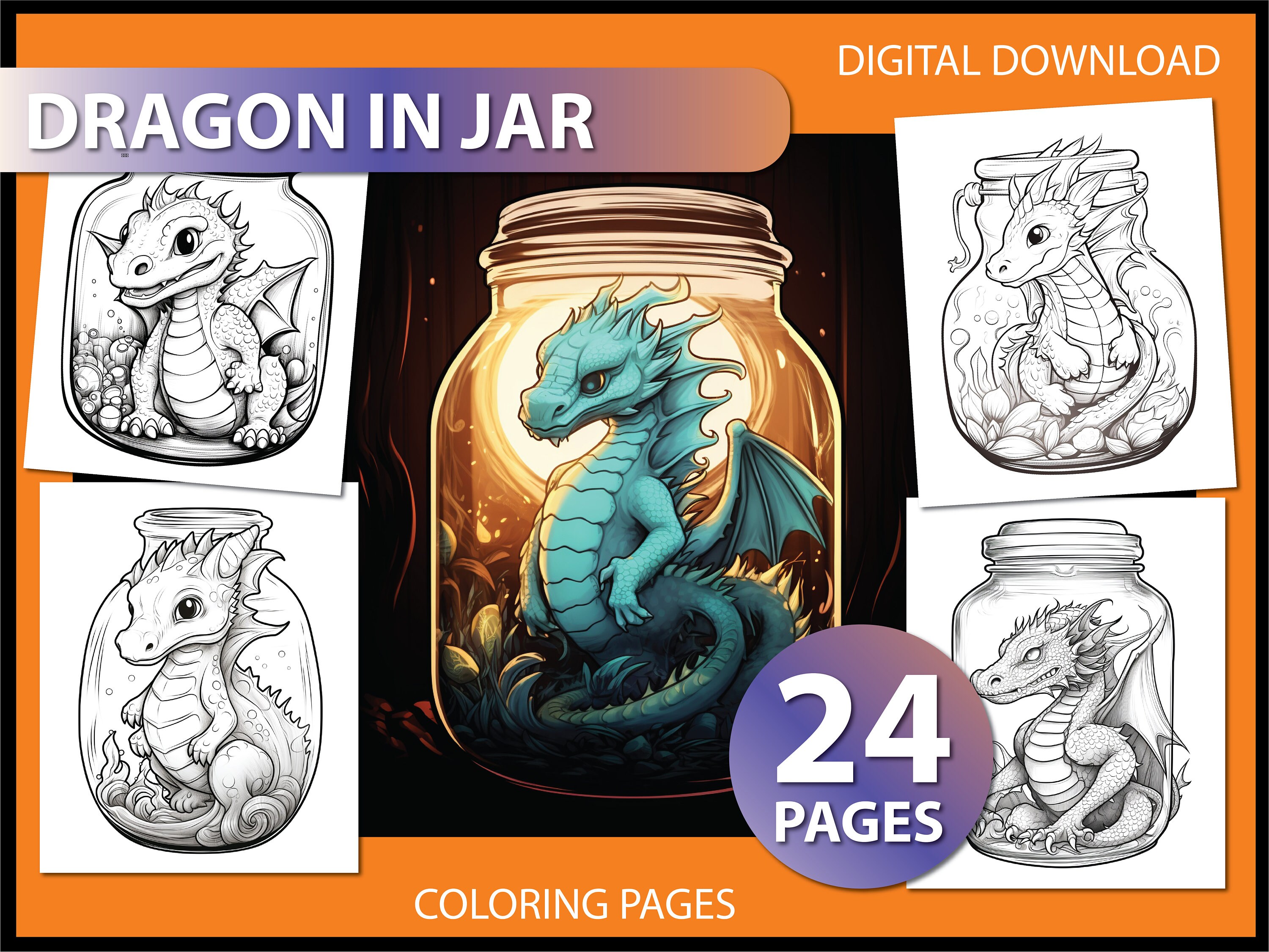 Dragon in a Jar: Adult Coloring Page Coloring Pages Adult - Etsy