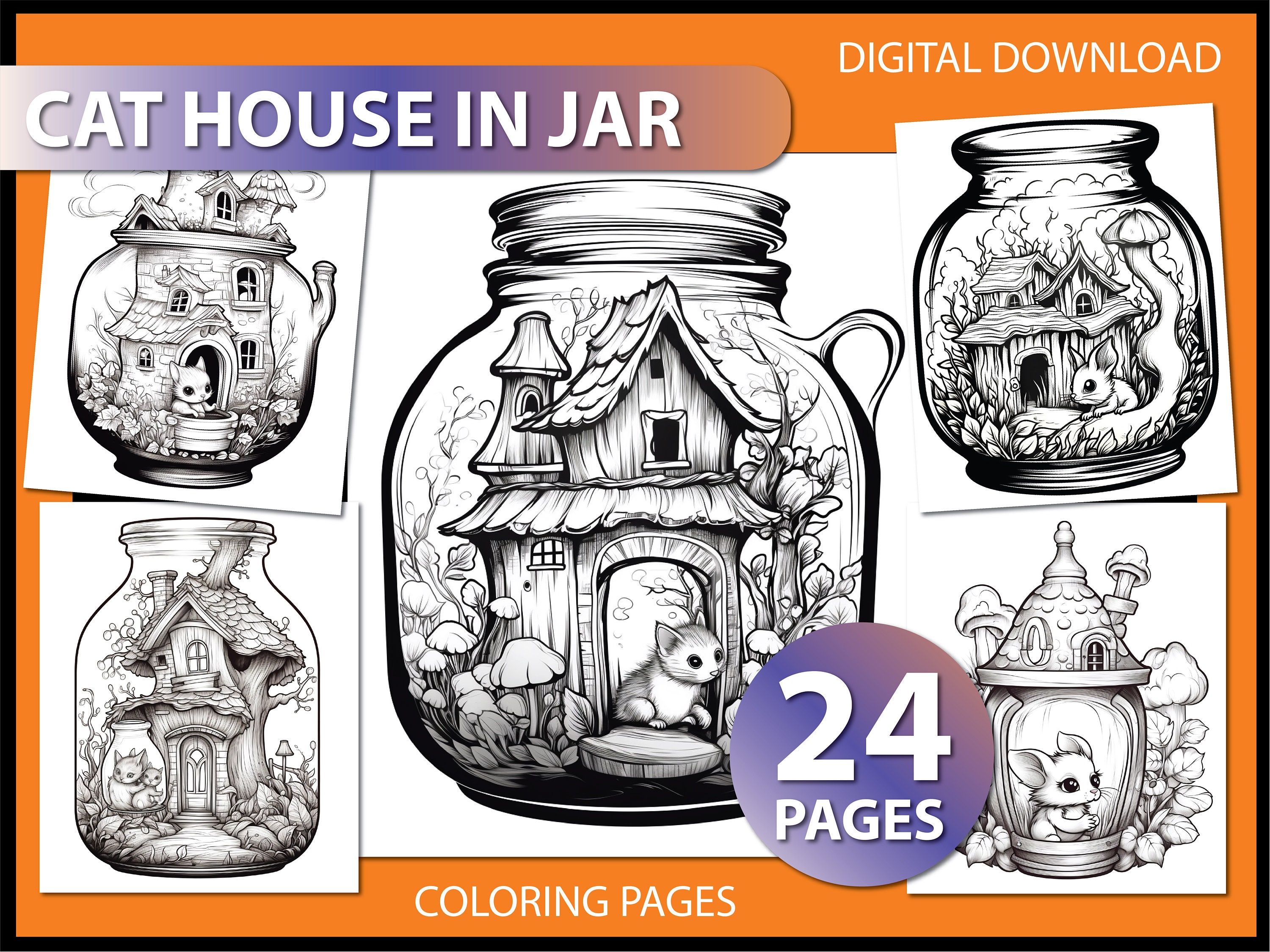 Miniature Magic: Tiny Cat House in a Jar Coloring Pages for Adult ...