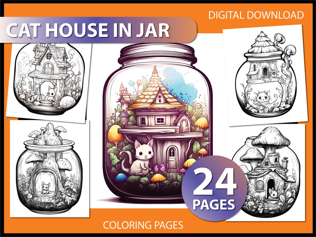 Miniature Magic: Tiny Cat House in a Jar Coloring Pages for Adult ...