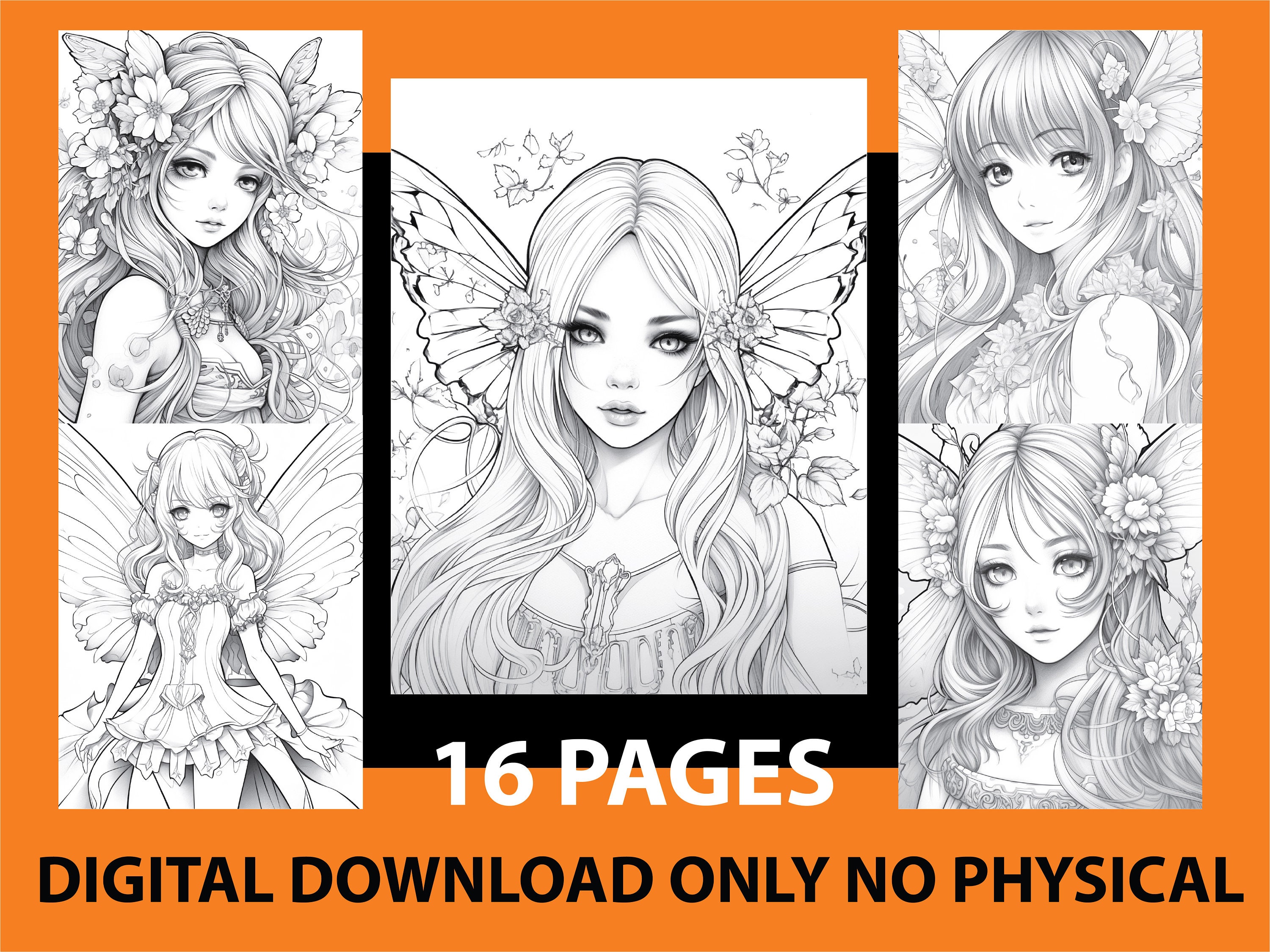 Fairy Girl Anime Coloring Page for Adults 16 Pages Beautiful Coloring ...
