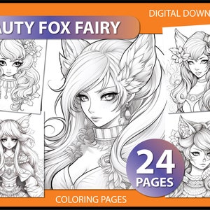 Beauty Fox Fairy Girl Coloring Page for Adults Coloring Book Fox Fairy ...