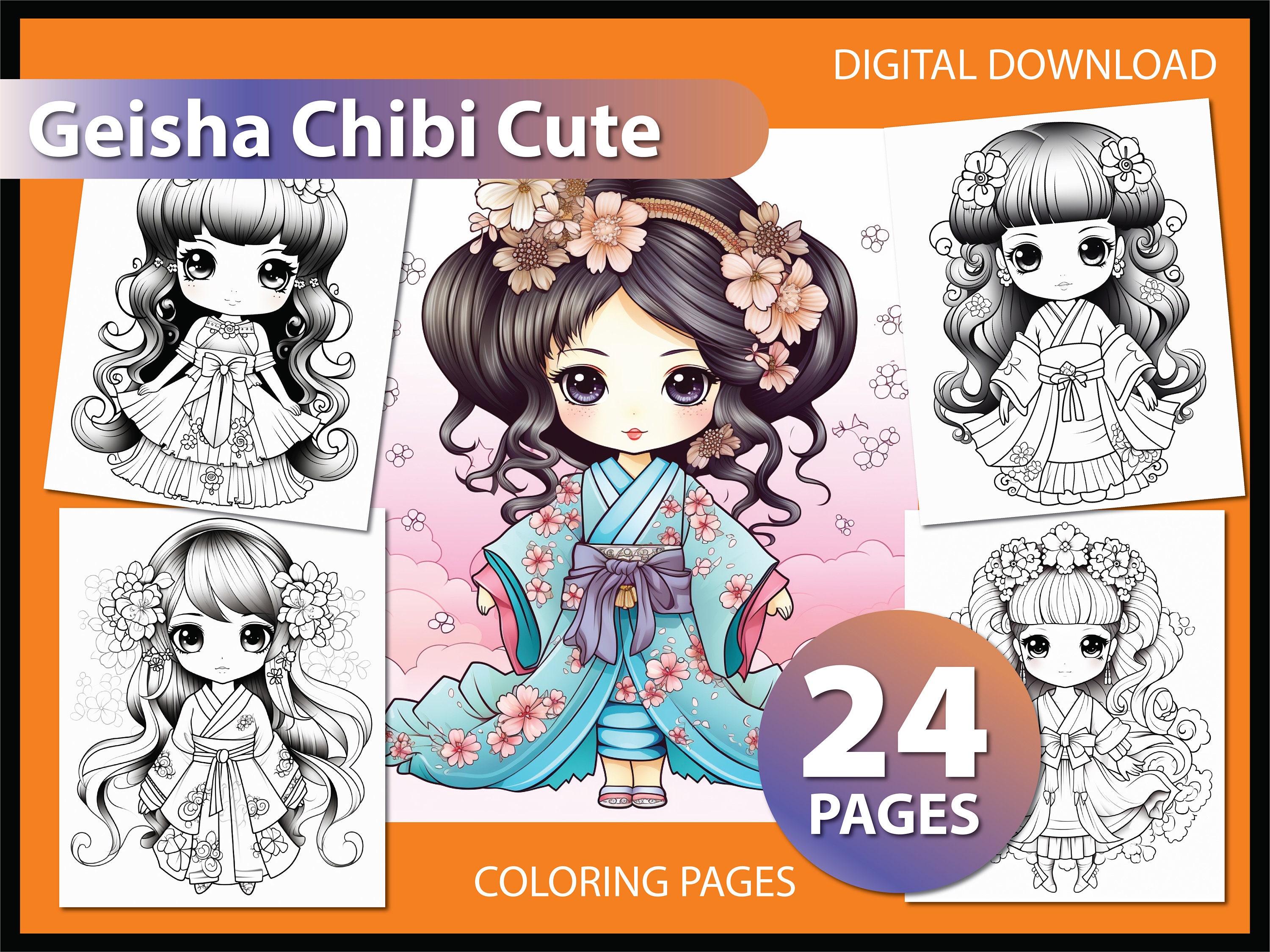 Chibi Geisha Charm: Adorable Coloring Page for All Ages Digital ...