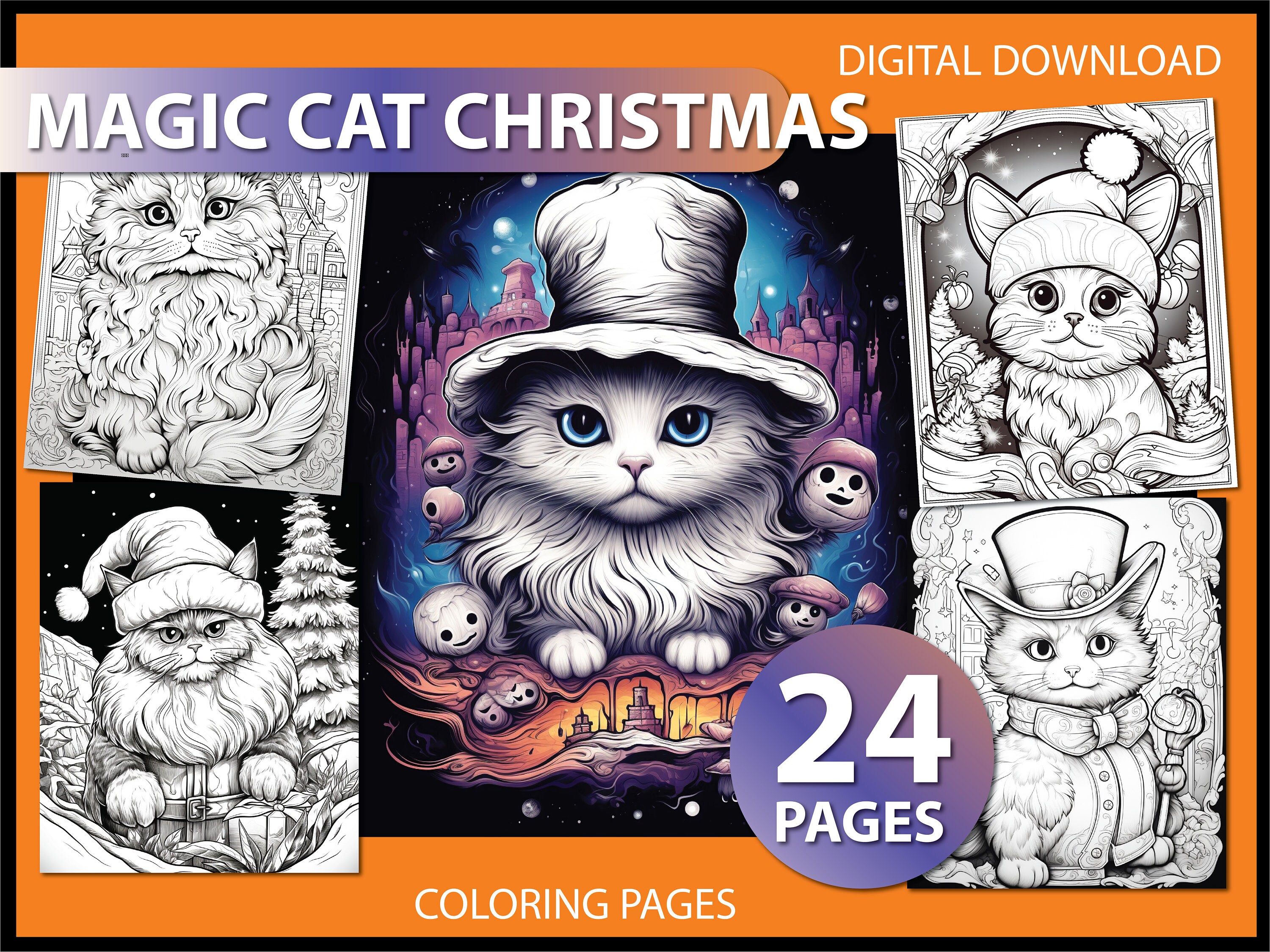 Magic Cat Christmas: Adult Coloring Page Magic Cat Coloring Pages Xmas ...