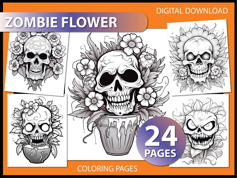 Zombie Flower Coloring Page for Adult Zombie Coloring Book Flower ...