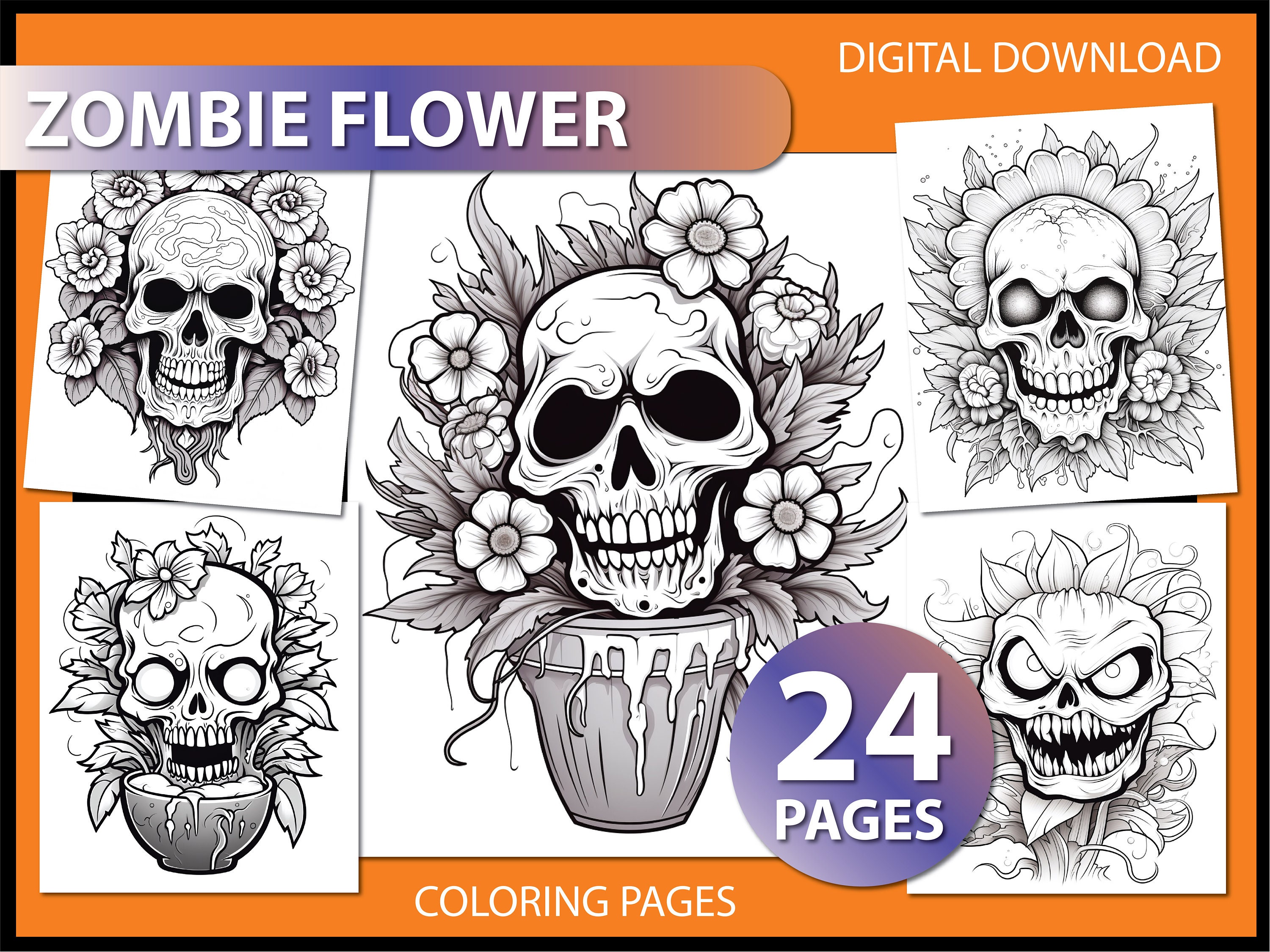 Zombie Flower Coloring Page for Adult Zombie Coloring Book Flower ...
