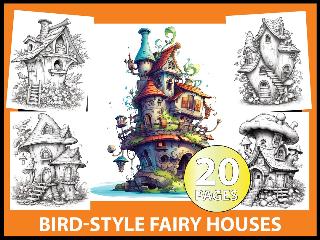 Bird-style Fairy Houses Coloring Page - Adult Coloring - Coloring Book ...