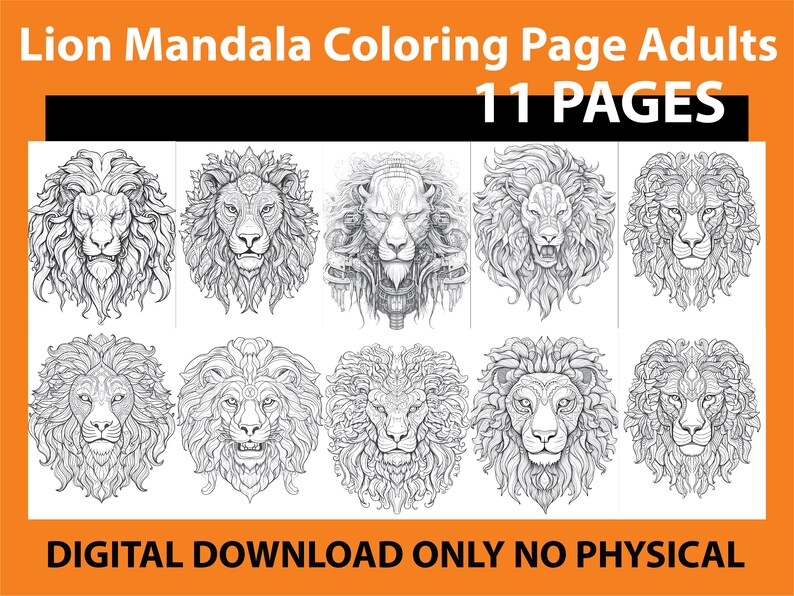 Mandala Lion Coloring Page Adults - 11 Pages Printable File - Digital ...