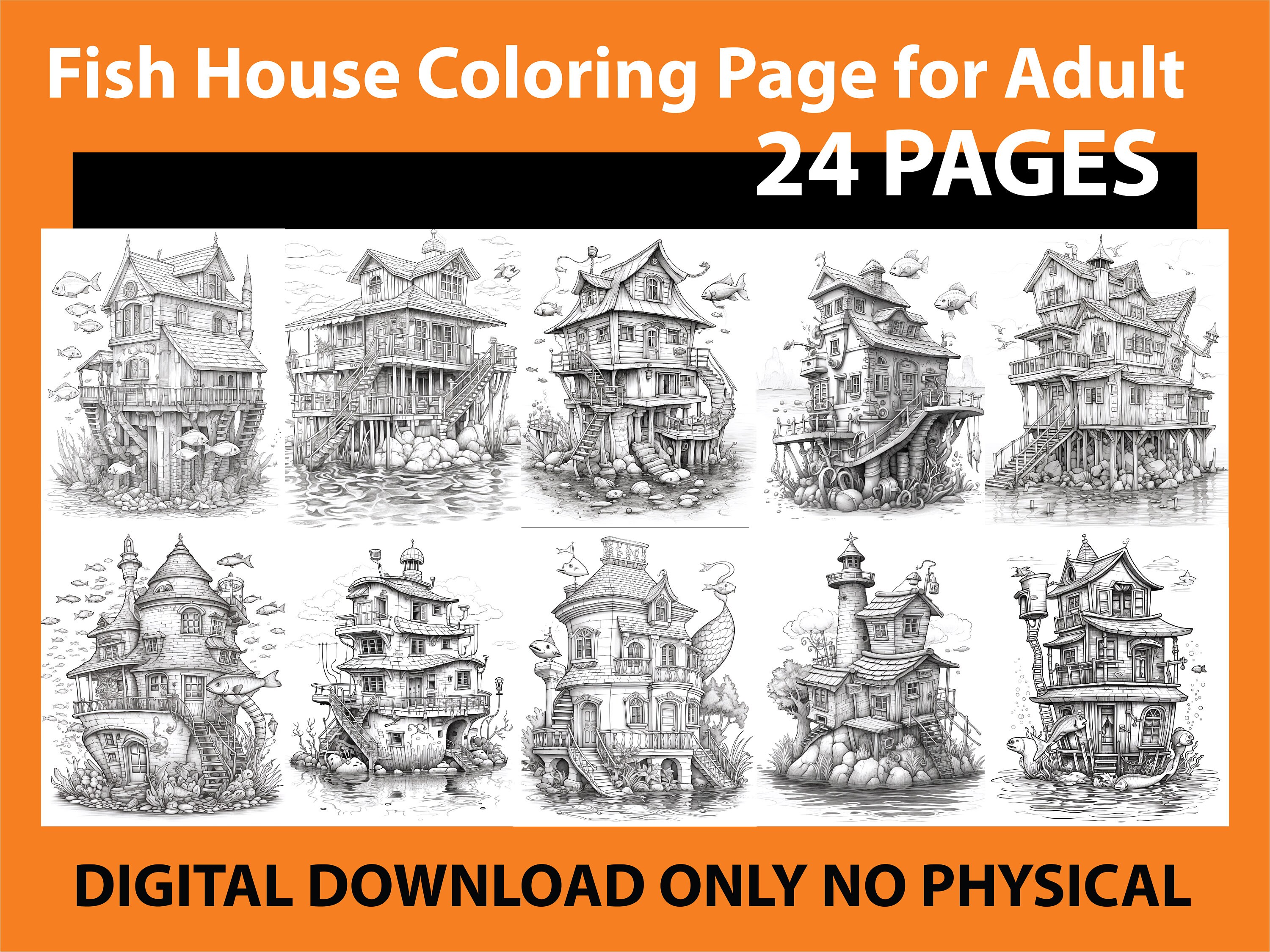 Fish House Fantasy Coloring Page for Adults - Fish House Coloring Page ...