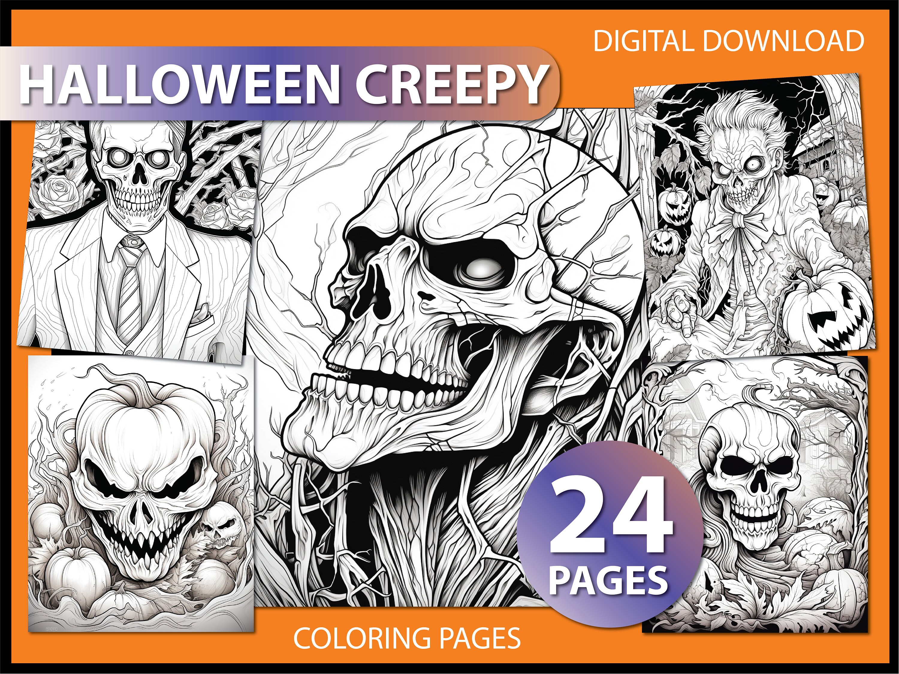 Creepy Halloween: Adult Coloring Page - Grayscale Coloring Page ...