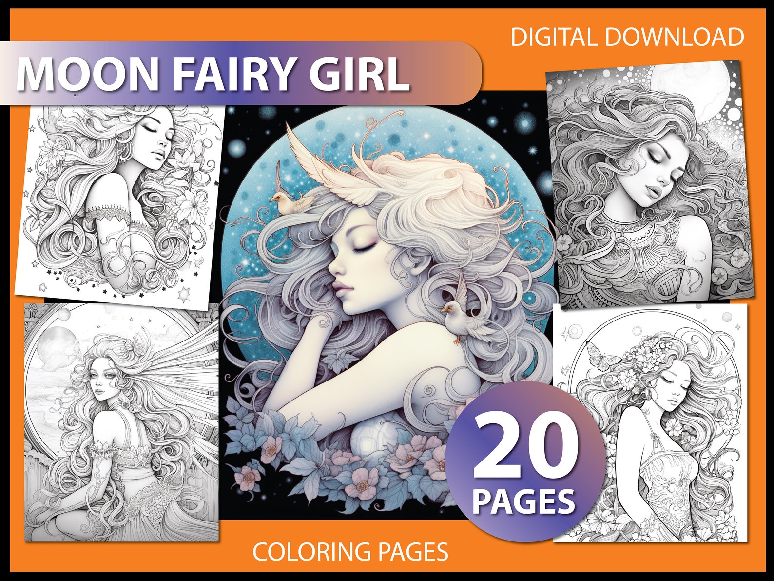 Moon Fairy Coloring Pages for Adults Coloring Book Gift for Her Love ...