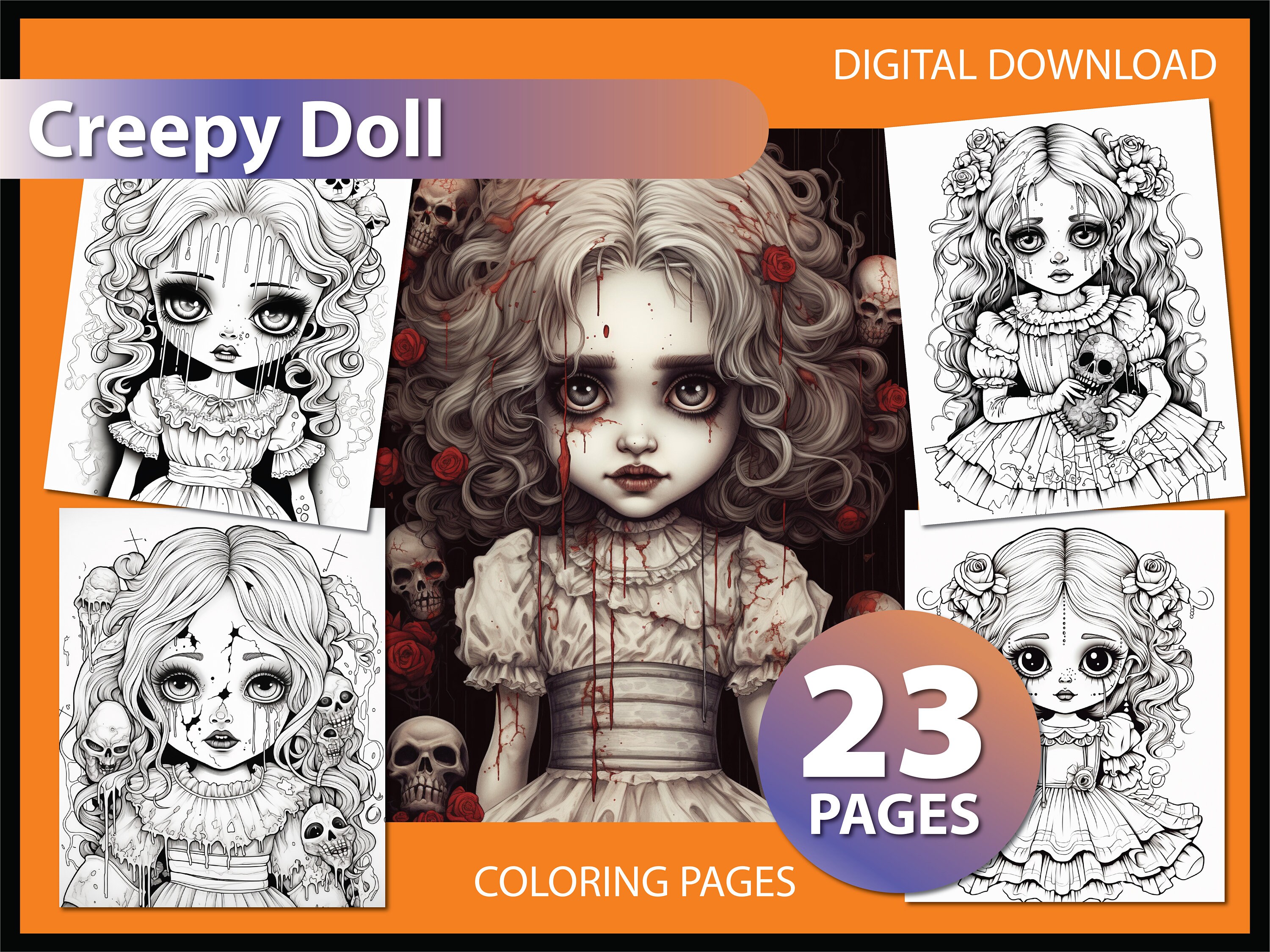 Creepy Doll Coloring Page for Adults Coloring Page Adult Coloring Book ...