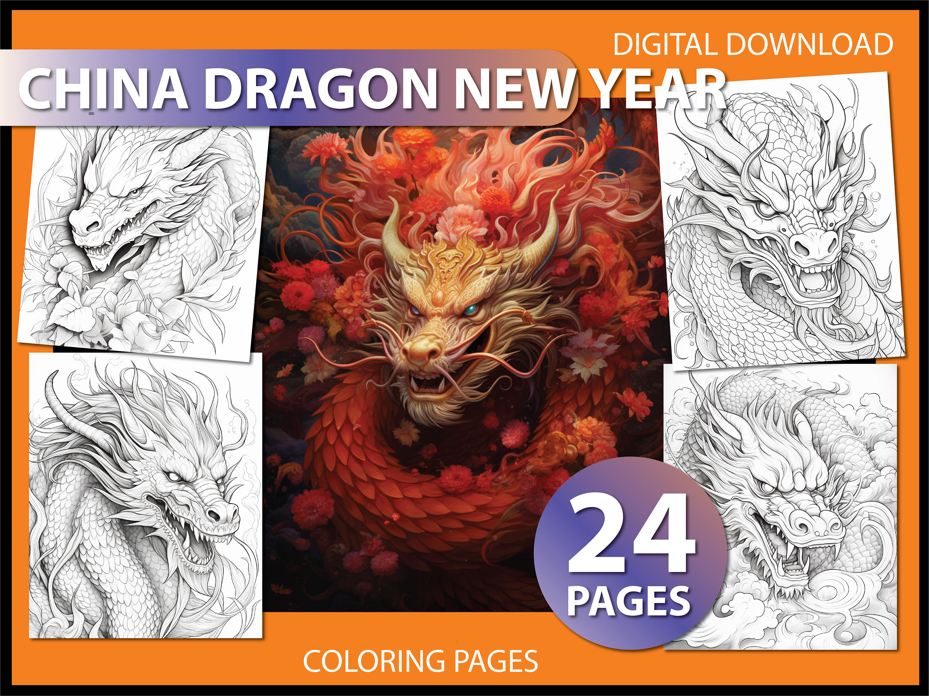 Majestic Chinese Dragon Coloring Page for Adults - Coloring Book Adult ...
