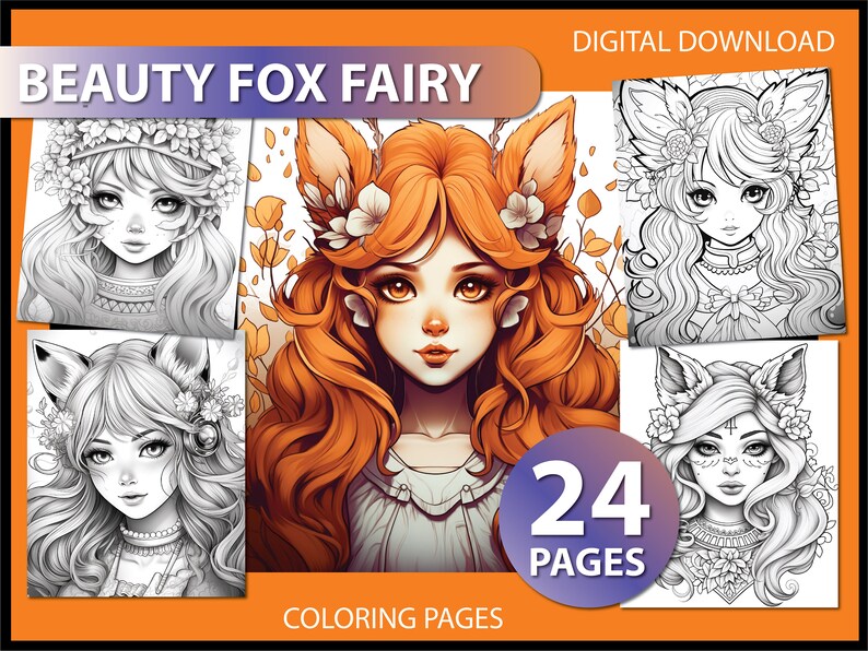 Beauty Fox Fairy Girl Coloring Page for Adults Coloring Book Fox Fairy ...