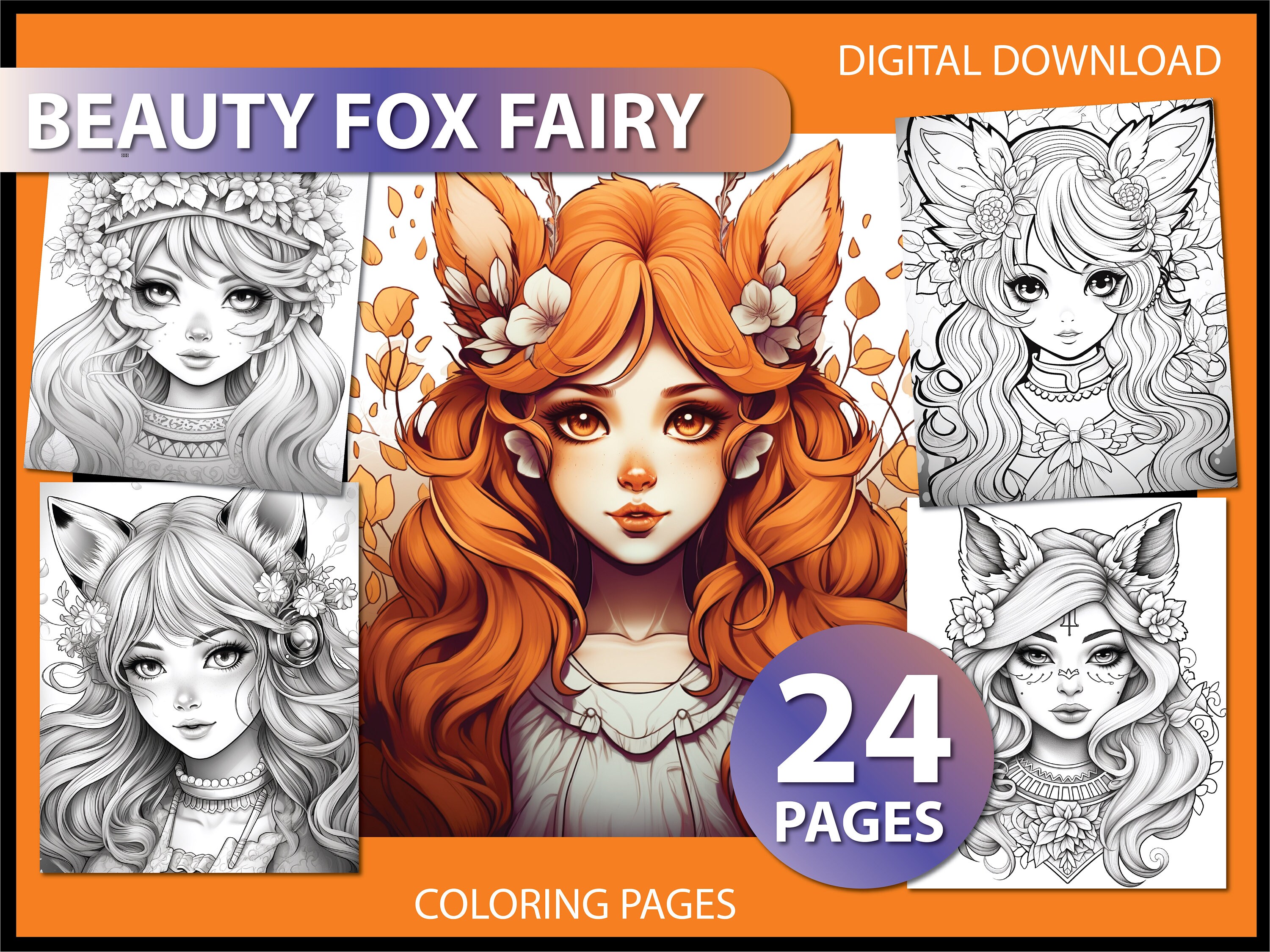 Beauty Fox Fairy Girl Coloring Page for Adults Coloring Book Fox Fairy ...
