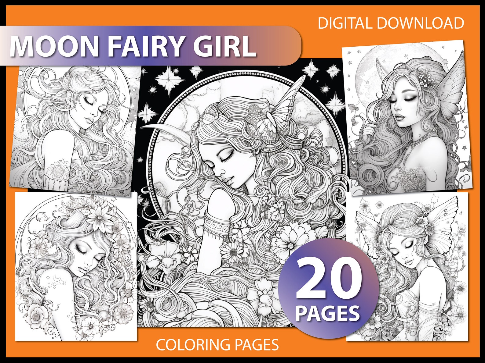 Moon Fairy Coloring Pages for Adults Coloring Book Gift for Her Love ...