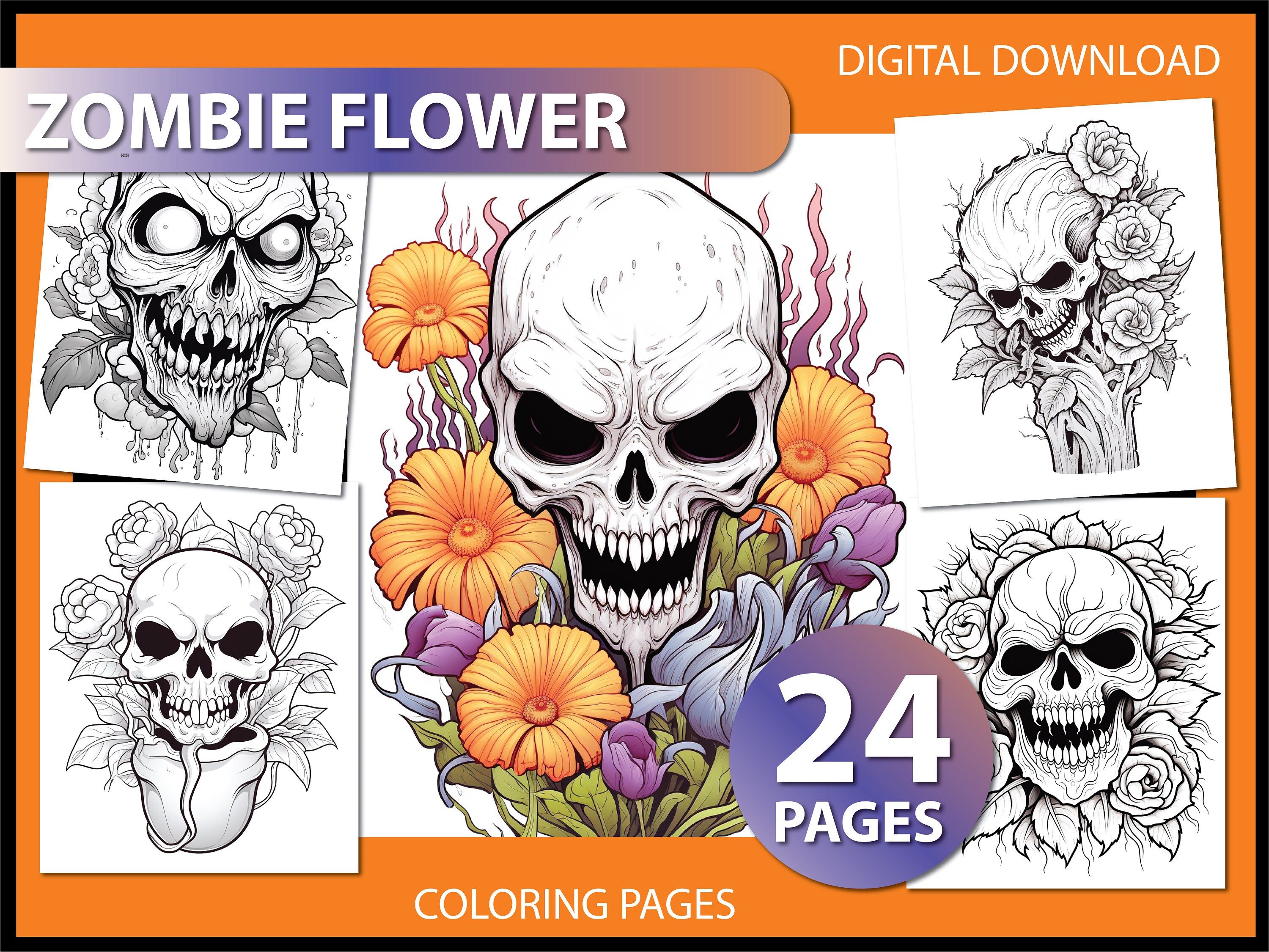 Zombie Flower Coloring Page for Adult Zombie Coloring Book Flower ...
