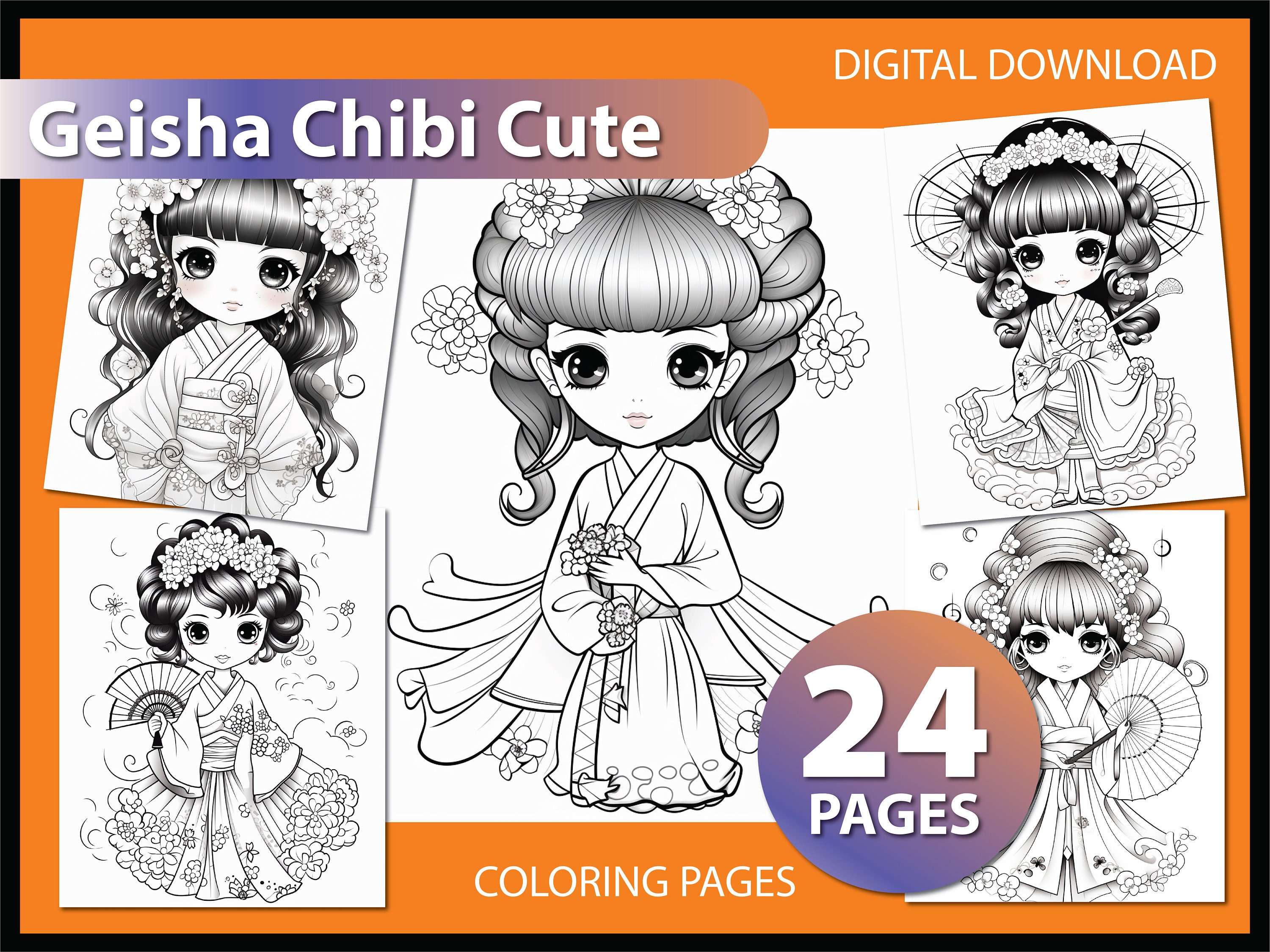 Chibi Geisha Charm: Adorable Coloring Page for All Ages Digital ...
