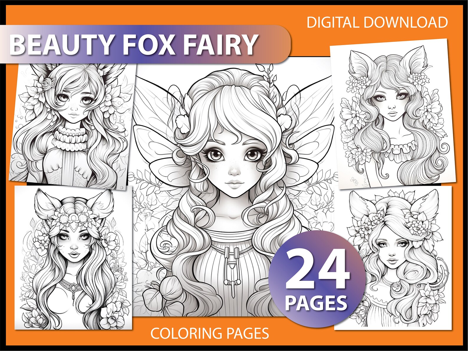 Beauty Fox Fairy Girl Coloring Page for Adults Coloring Book Fox Fairy ...