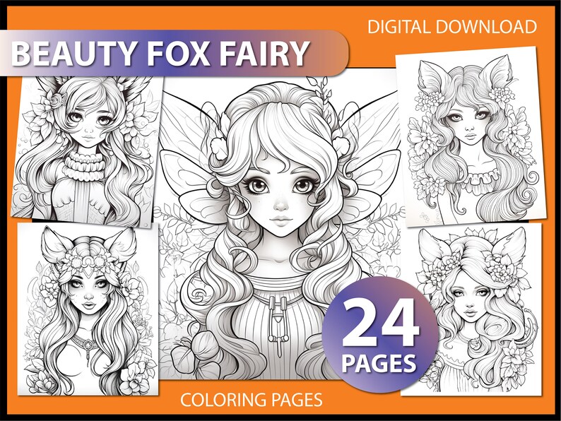 Beauty Fox Fairy Girl Coloring Page for Adults Coloring Book Fox Fairy ...