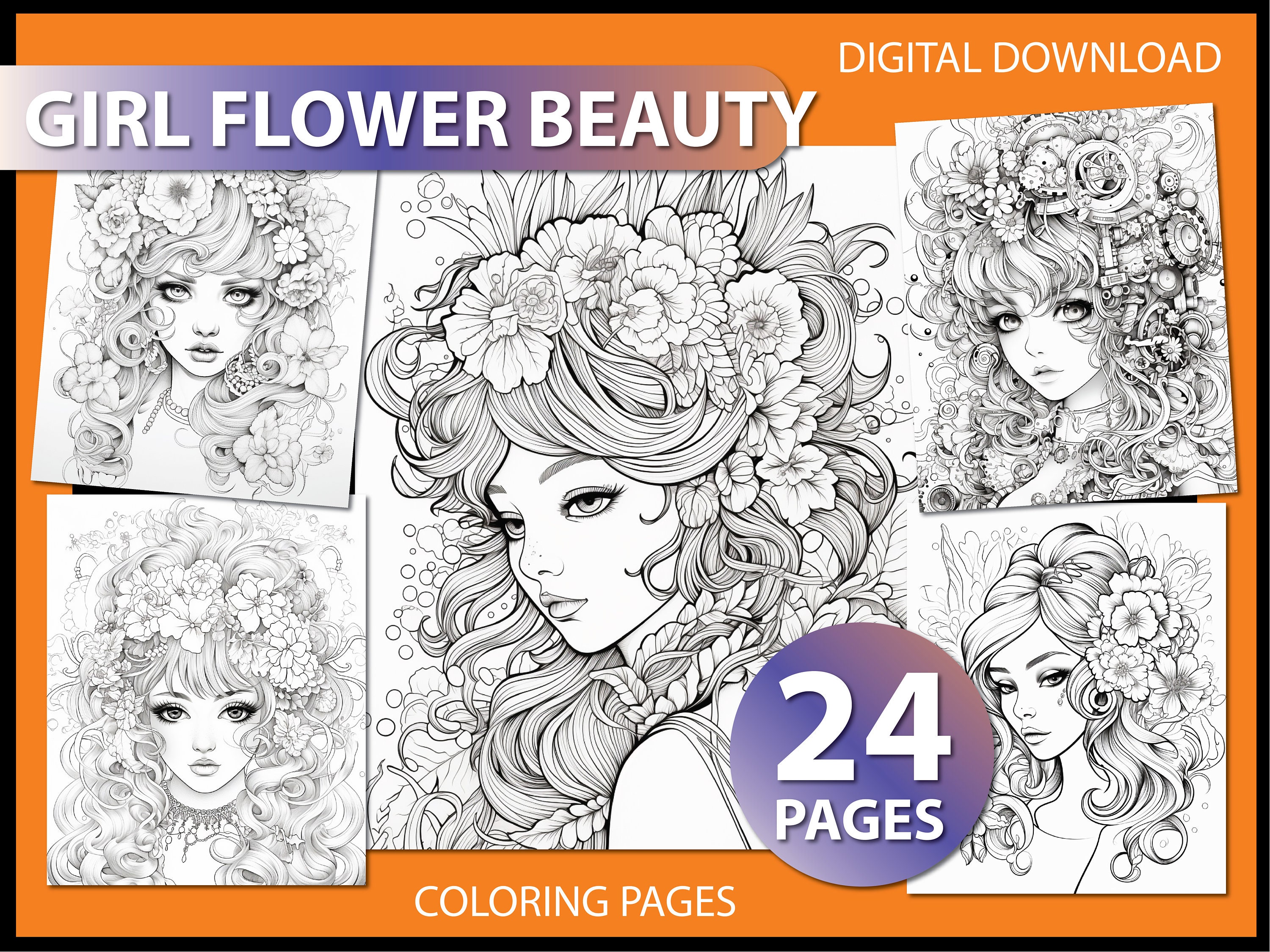 Introducing: Flower Beauty Girl Coloring Page for Adults Digital ...