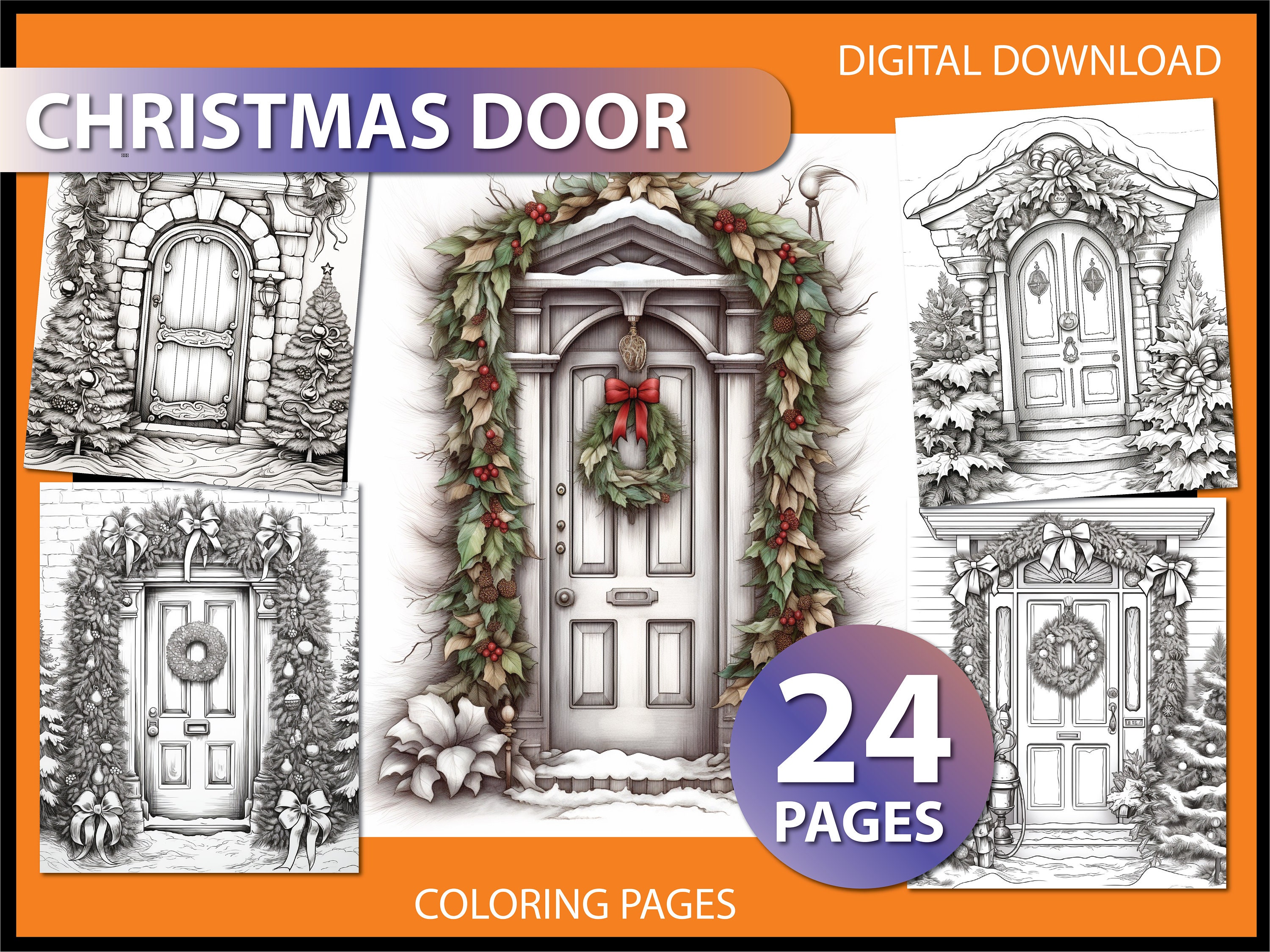 Christmas Doorway: Adult Coloring Page Christmas Coloring Page Door ...
