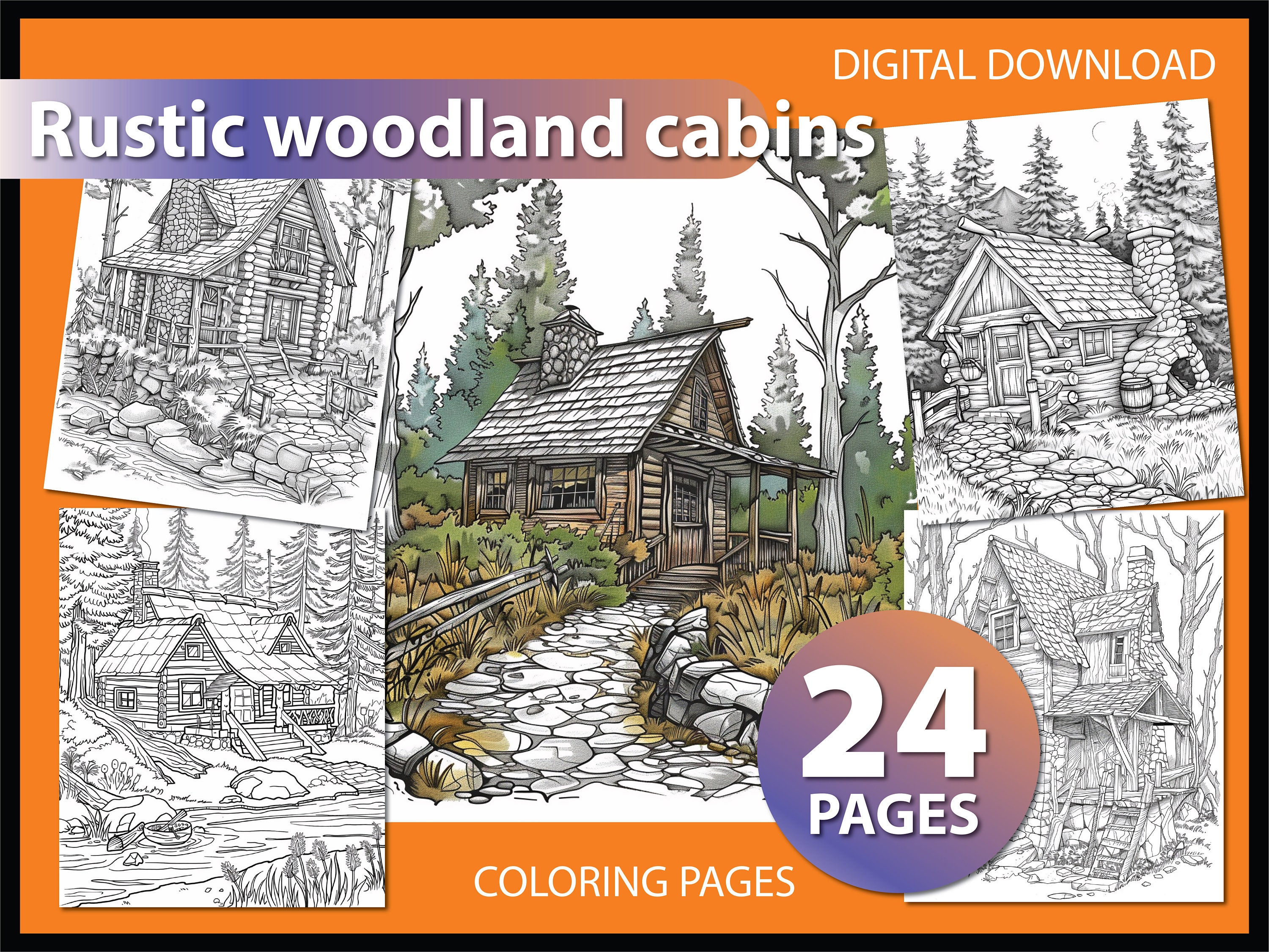 Discover Rustic Woodland Cabins and Cottages Coloring Page for Adults ...