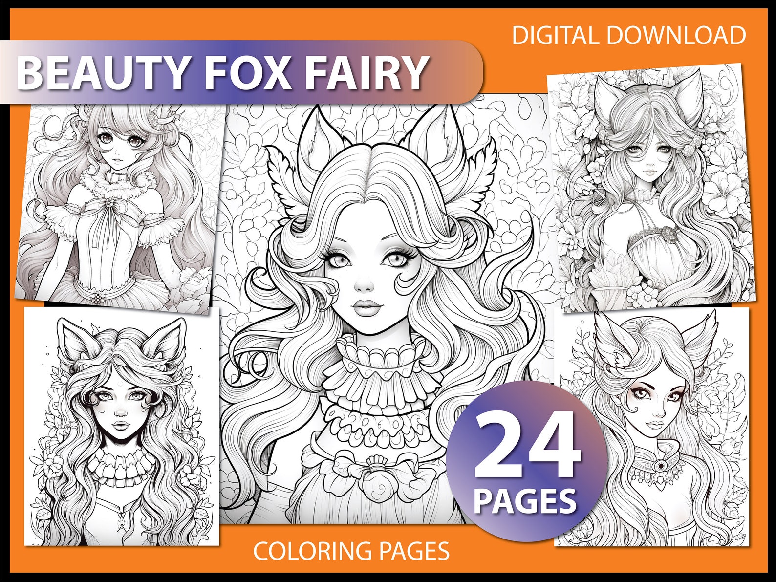 Beauty Fox Fairy Girl Coloring Page for Adults Coloring Book - Etsy