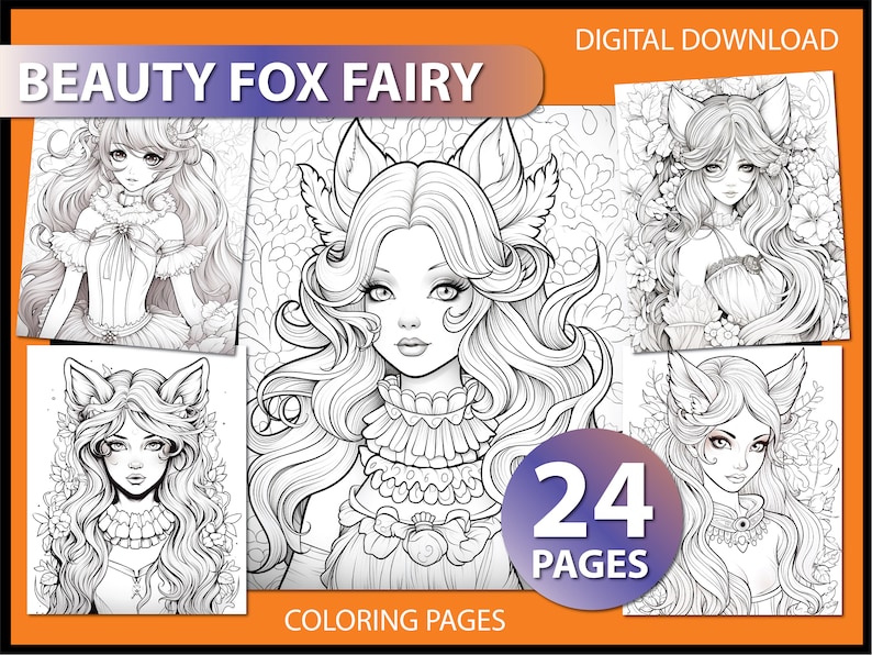 Beauty Fox Fairy Girl Coloring Page for Adults Coloring Book Fox Fairy ...