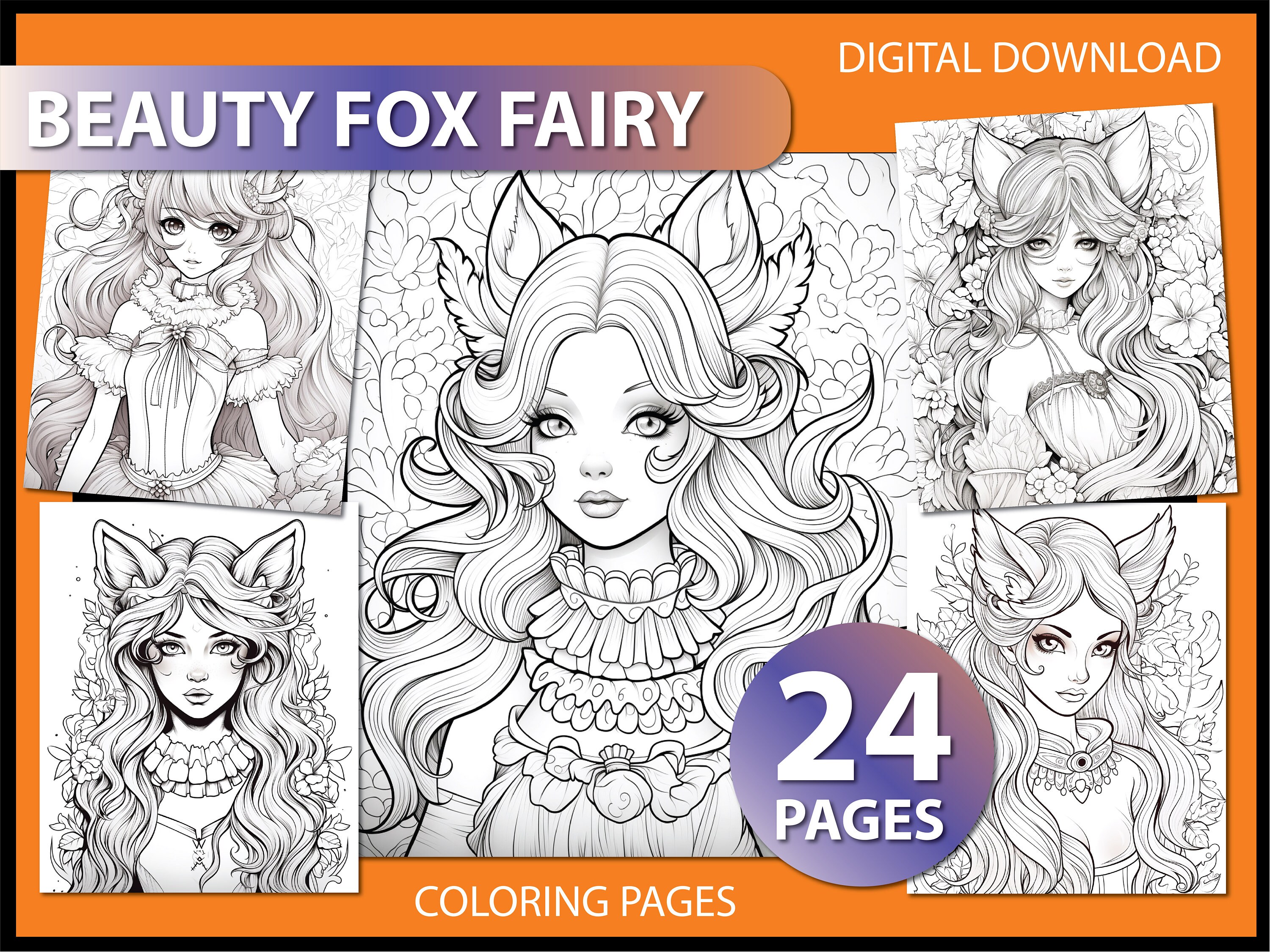 Beauty Fox Fairy Girl Coloring Page for Adults Coloring Book Fox Fairy ...
