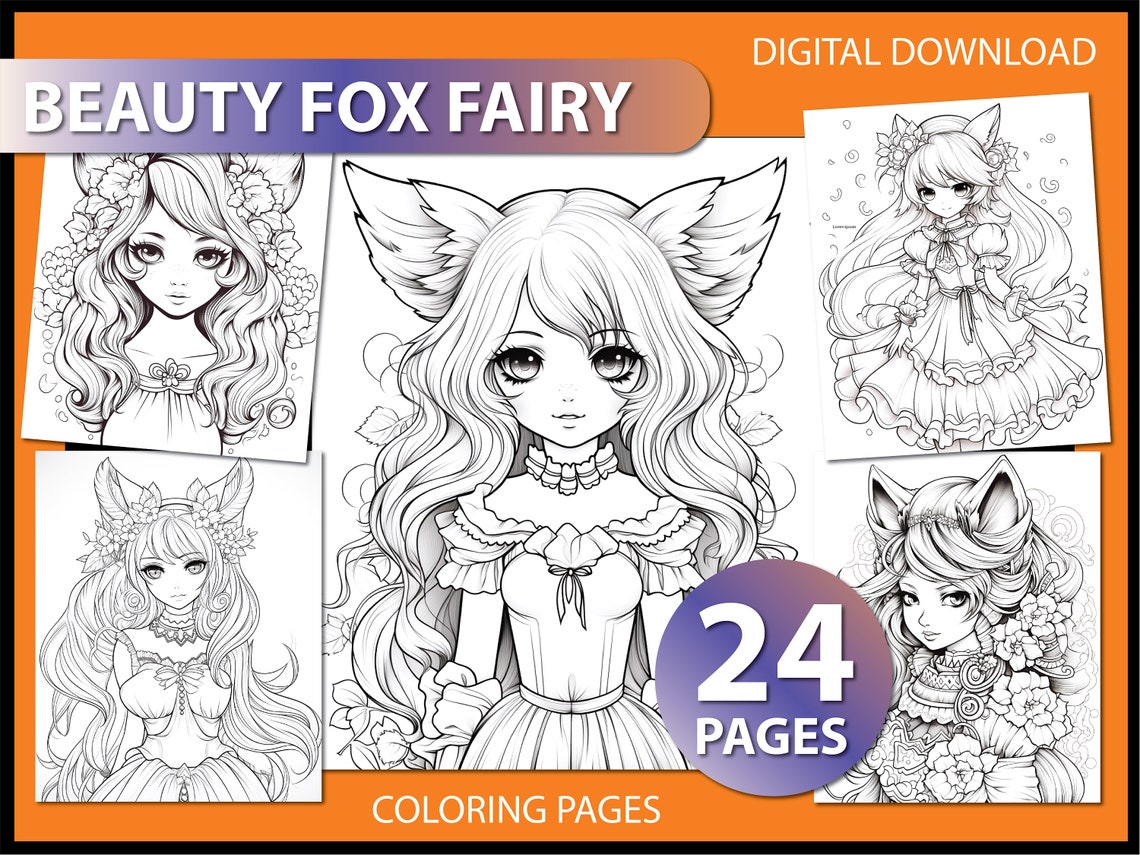 Beauty Fox Fairy Girl Coloring Page for Adults Coloring Book Fox Fairy ...