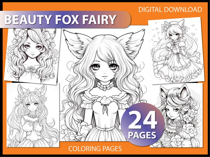 Beauty Fox Fairy Girl Coloring Page for Adults Coloring Book Fox Fairy ...