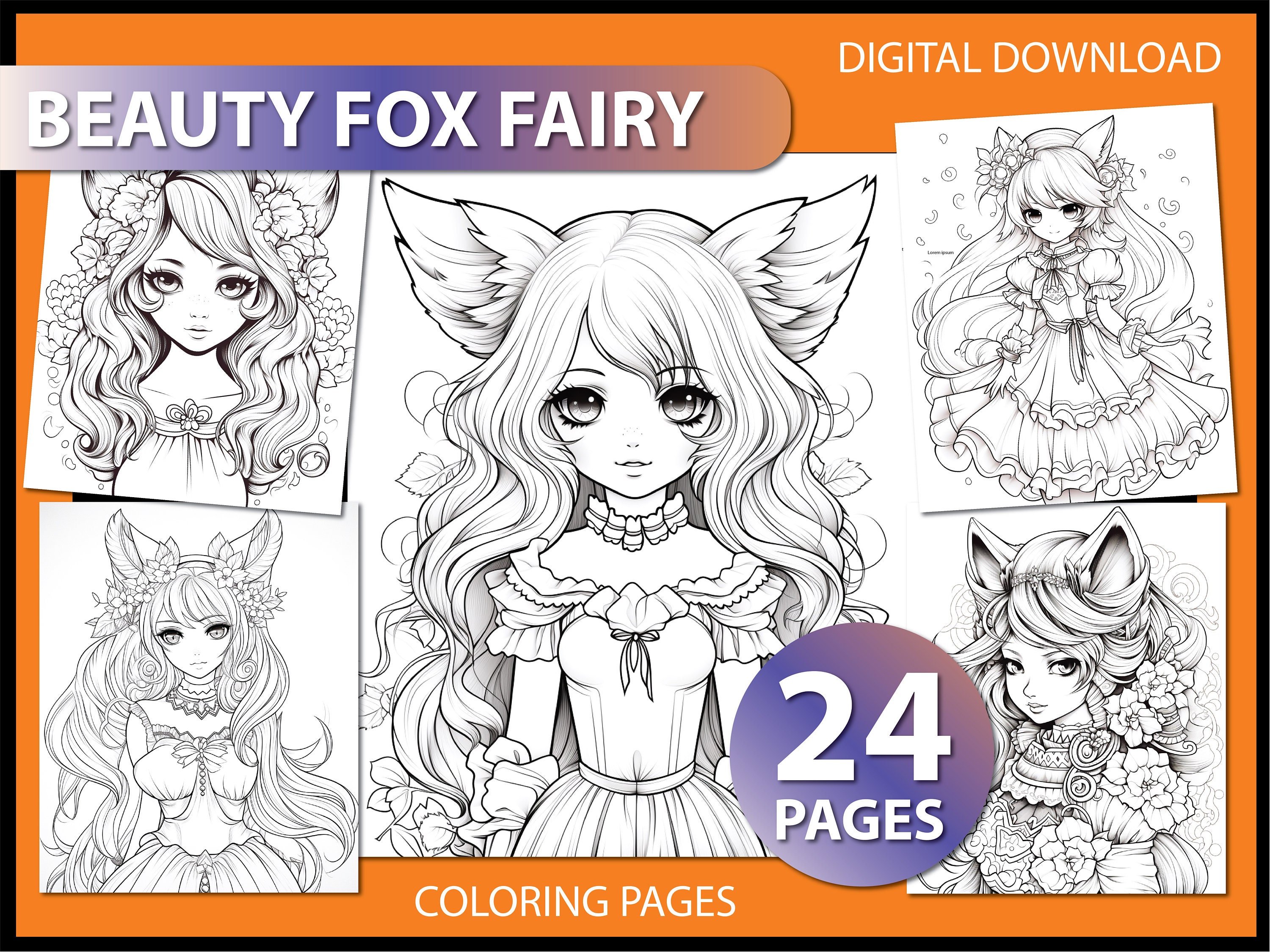 Beauty Fox Fairy Girl Coloring Page for Adults Coloring Book Fox Fairy ...
