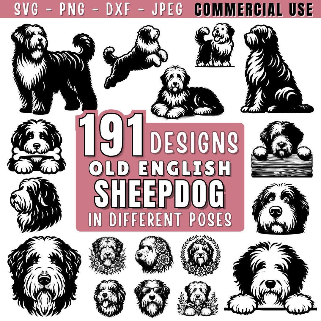 Old English Sheepdog SVG Bundle | Peeking & Silhouette Bobtail Clipart ...
