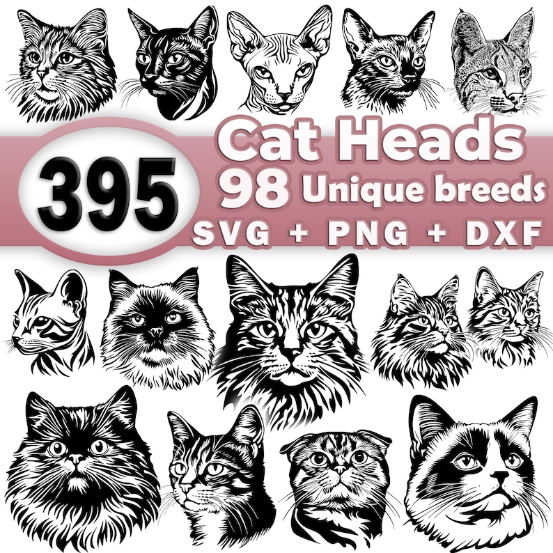 Cat Heads SVG Bundle Pack - All Cat Pet Breed Silhouettes & Cut Files ...