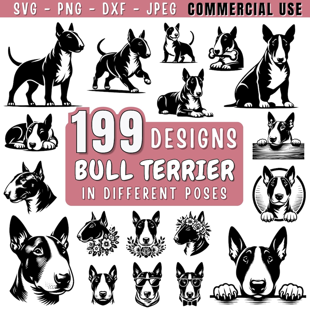 Bull Terrier Dog SVG Bundle | Peeking & Silhouette Bull Terrier Clipart ...
