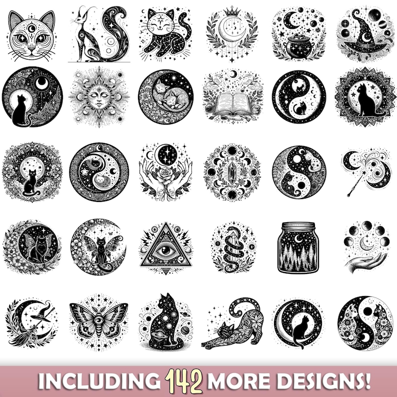 Mystical Cat and Moon SVG Bundle | Witchy Cat Designs Clipart | Moon ...