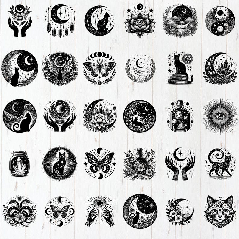 Mystical Cat and Moon SVG Bundle | Witchy Cat Designs Clipart | Moon ...