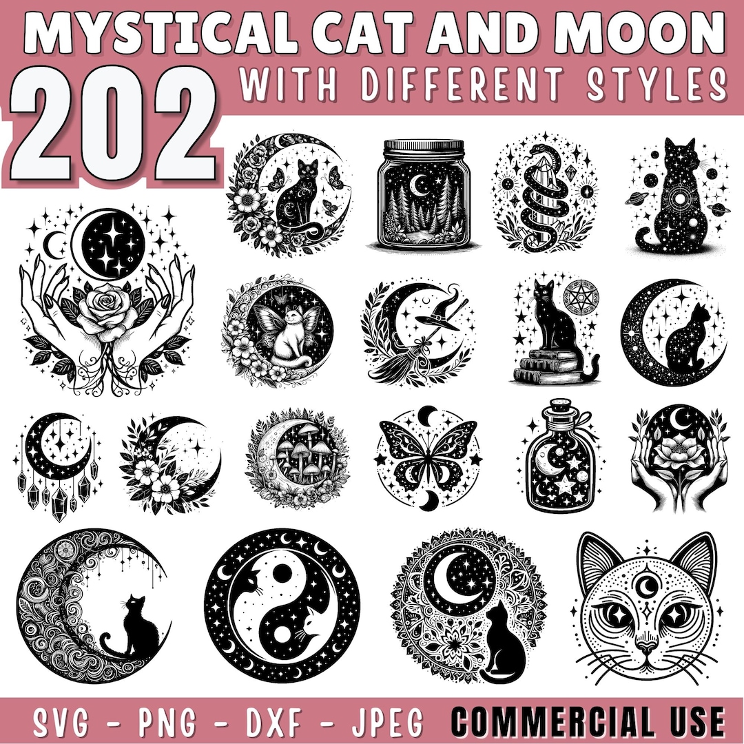 Mystical Cat and Moon SVG Bundle | Witchy Cat Designs Clipart | Moon ...