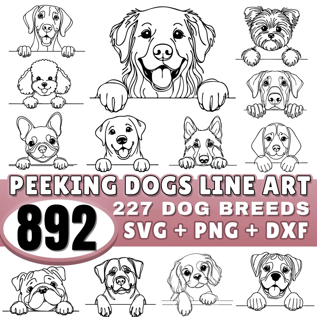 Peeking Dog Line Art SVG PNG DXF Bundle | 227 Dog Breeds Line Art ...
