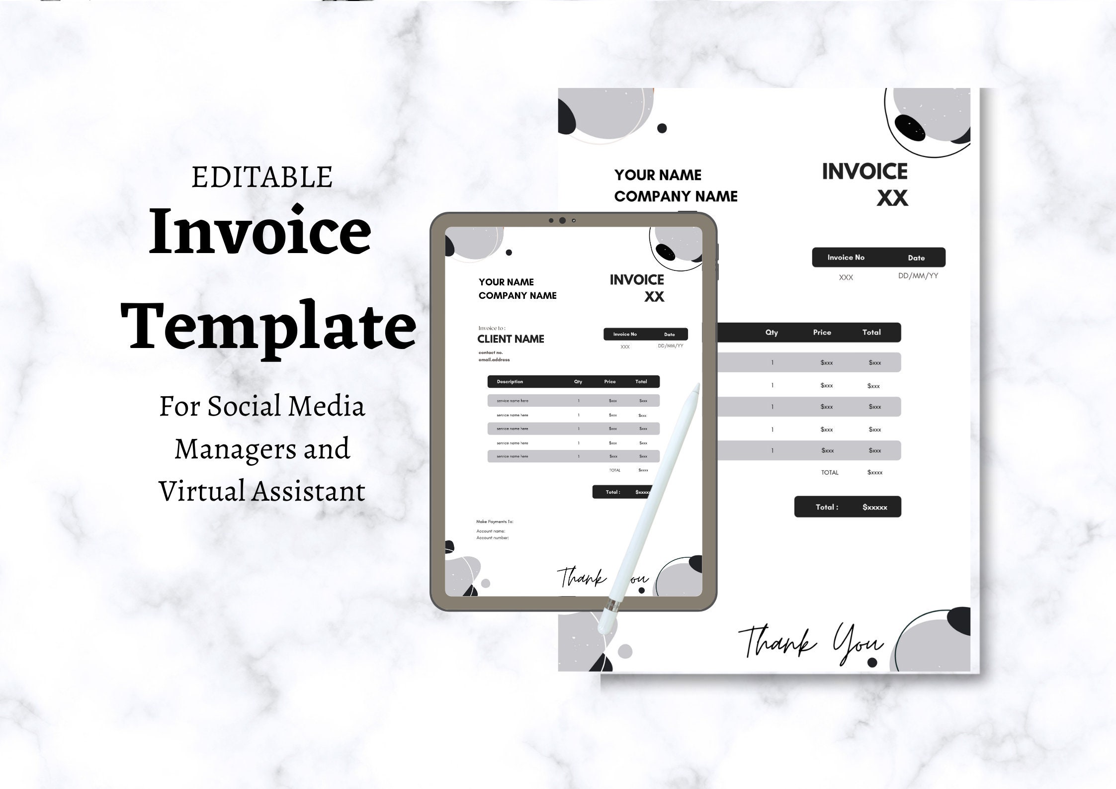 Black Invoice Template for Virtual Assistants for Canva | Etsy