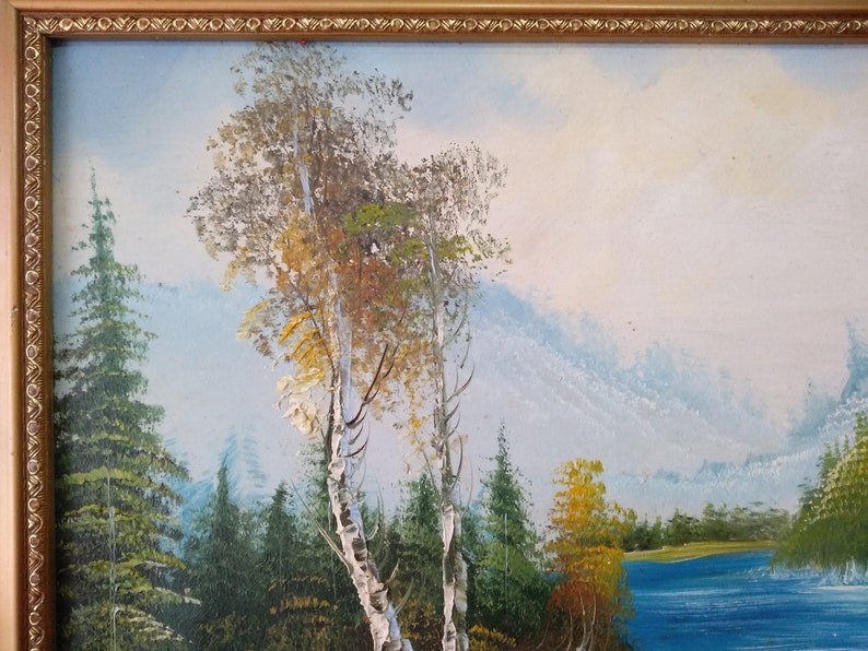 Oil Painting. Landscape Depicting Mountains, Birches and a Stream. the ...