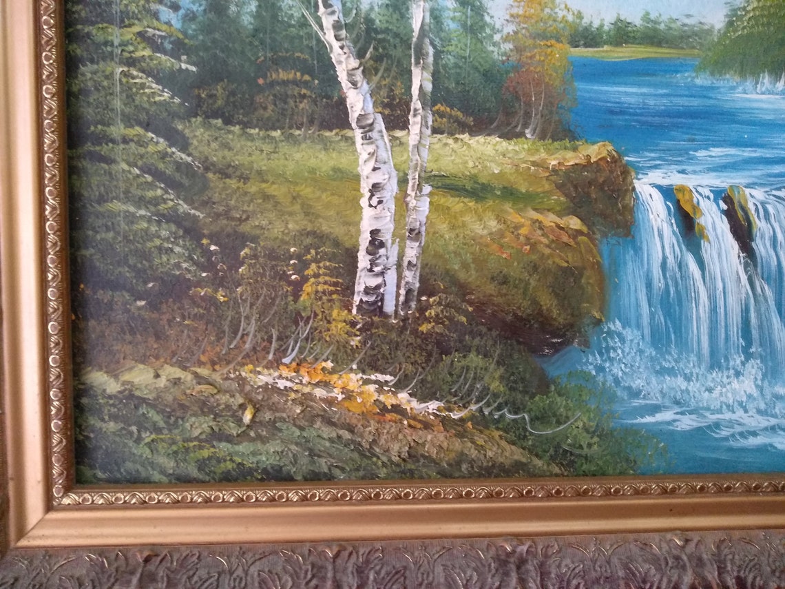 Oil Painting. Landscape Depicting Mountains, Birches and a Stream. the ...