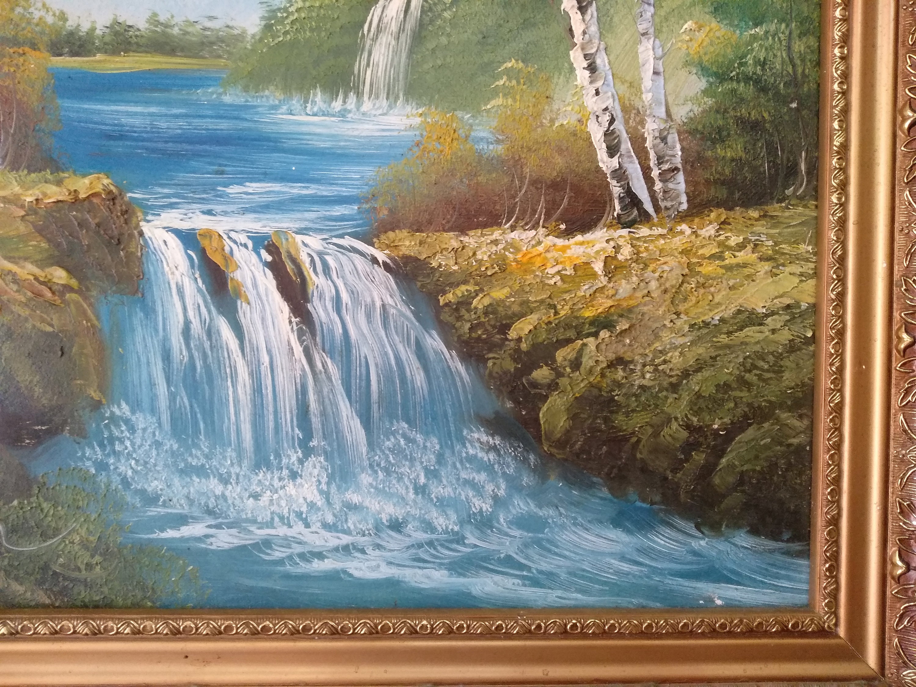 Oil Painting. Landscape Depicting Mountains, Birches and a Stream. the ...