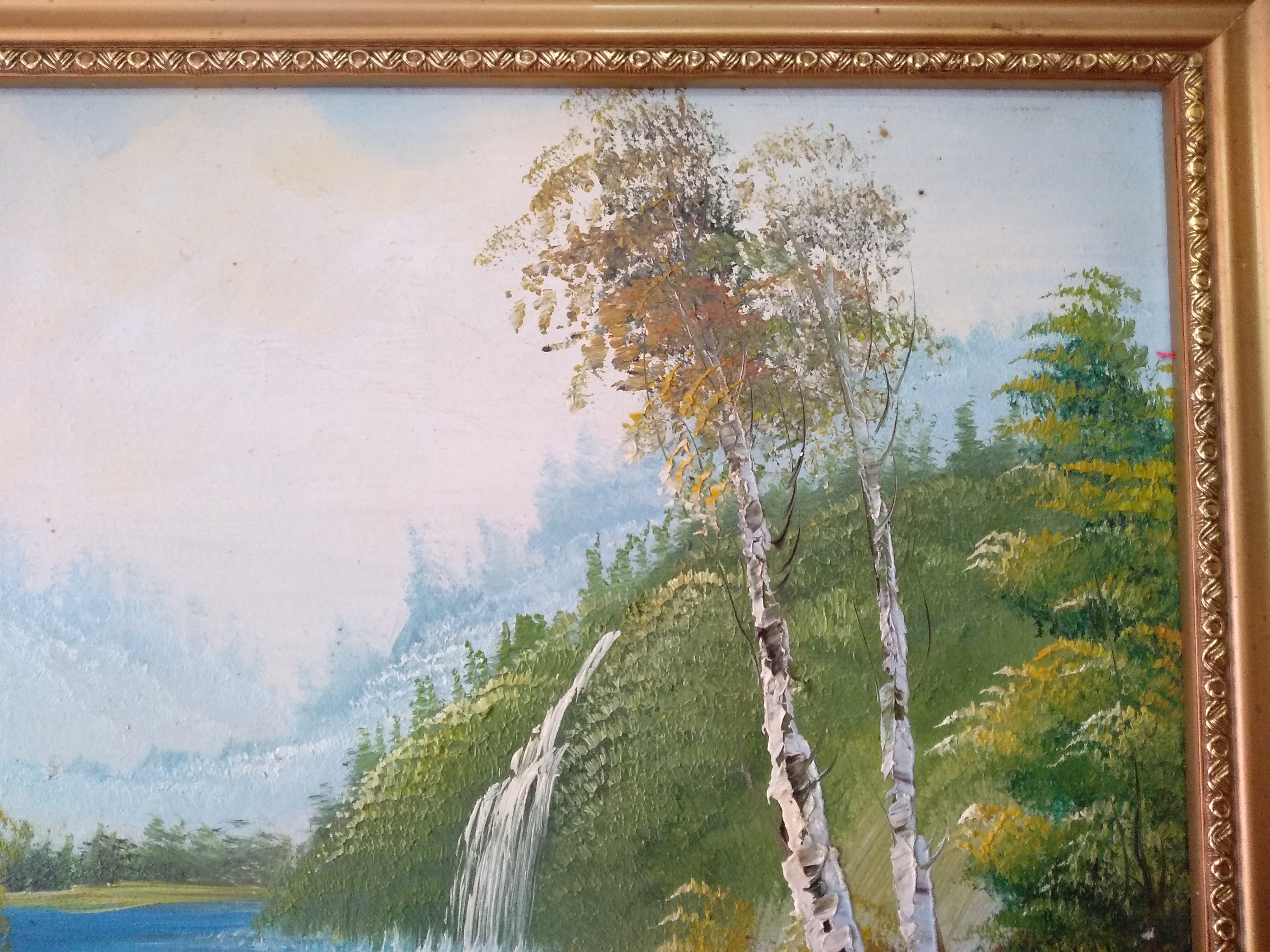Oil Painting. Landscape Depicting Mountains, Birches and a Stream. the ...