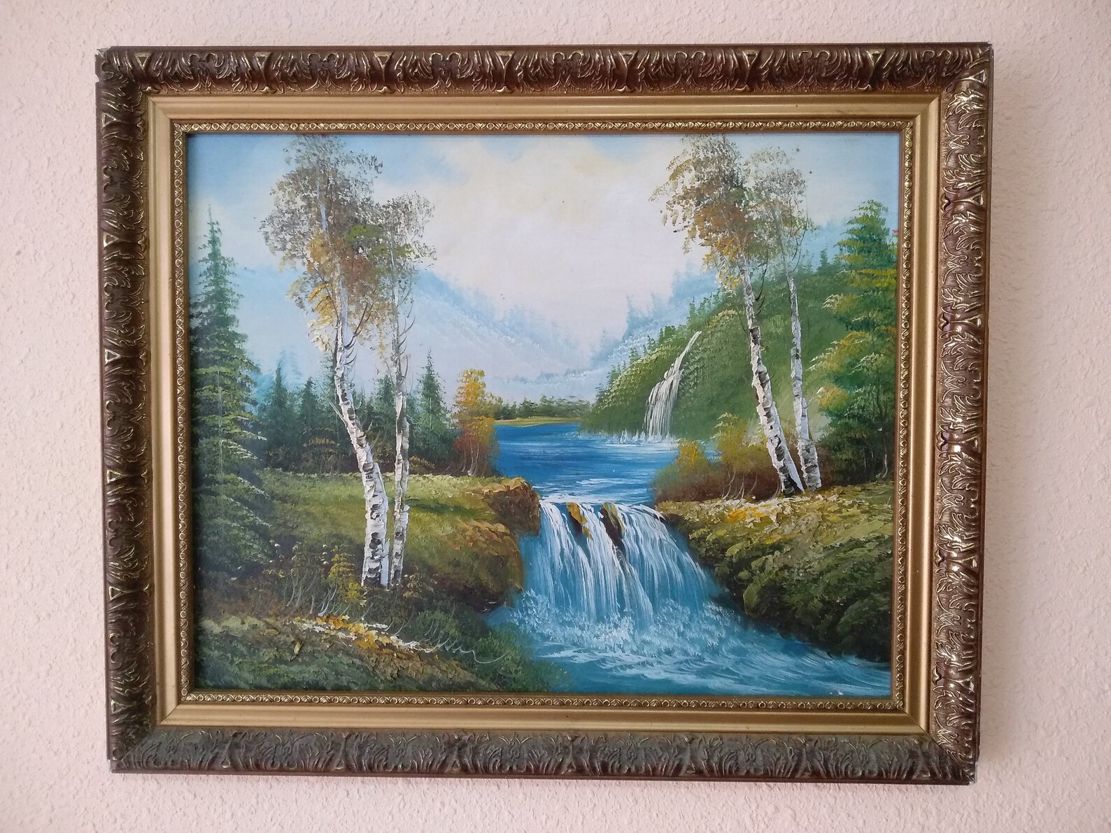 Oil Painting. Landscape Depicting Mountains, Birches and a Stream. the ...