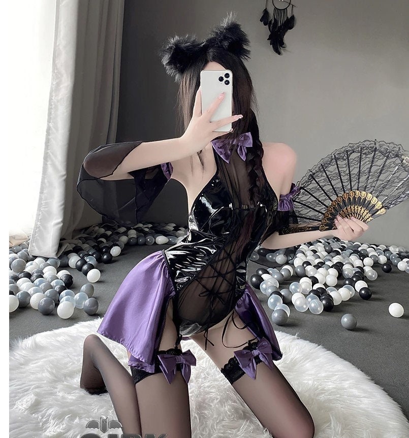 Wetlook Pu Leather Women Sexy Lingerie Bodysuit Anime Cosplay Costumes Halter Neck Mesh