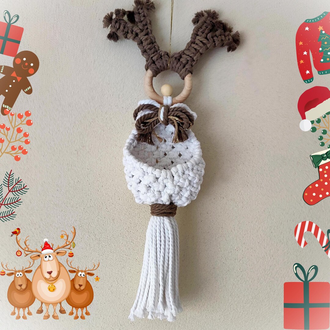 Macrame Christmas REINDEER Goodie Basket, Macrame Reindeer Wall Hanging ...