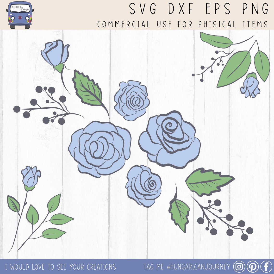 Dusty Blue Rose SVG Files and Clipart for Wedding Invitations, Cards ...